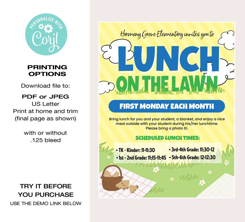 Lunch on the Lawn Flyer Template EDITABLE| Picnic Lunch Flyer | 8.5 X ...