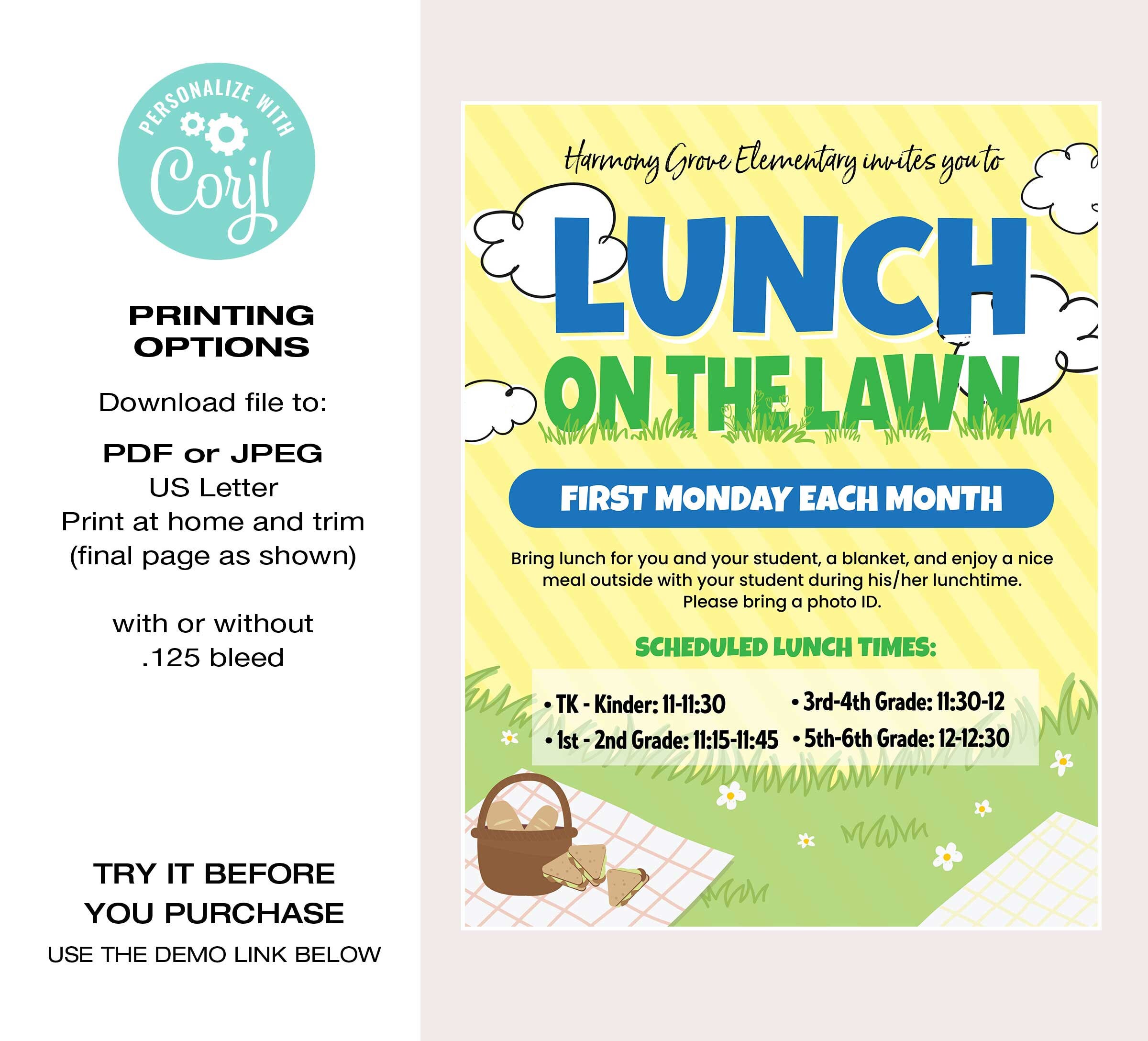Lunch on the Lawn Flyer Template EDITABLE| Picnic Lunch Flyer | 8.5 X ...