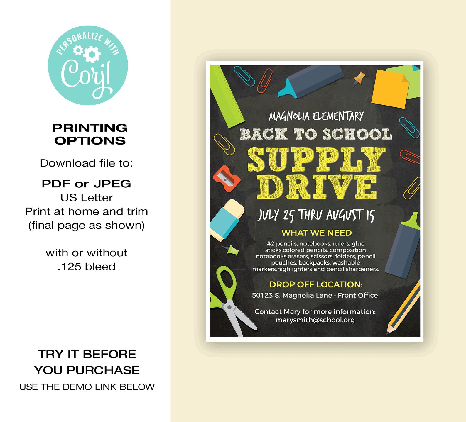 School Supply Drive Flyer Template • Back to School Flyer • Template ...