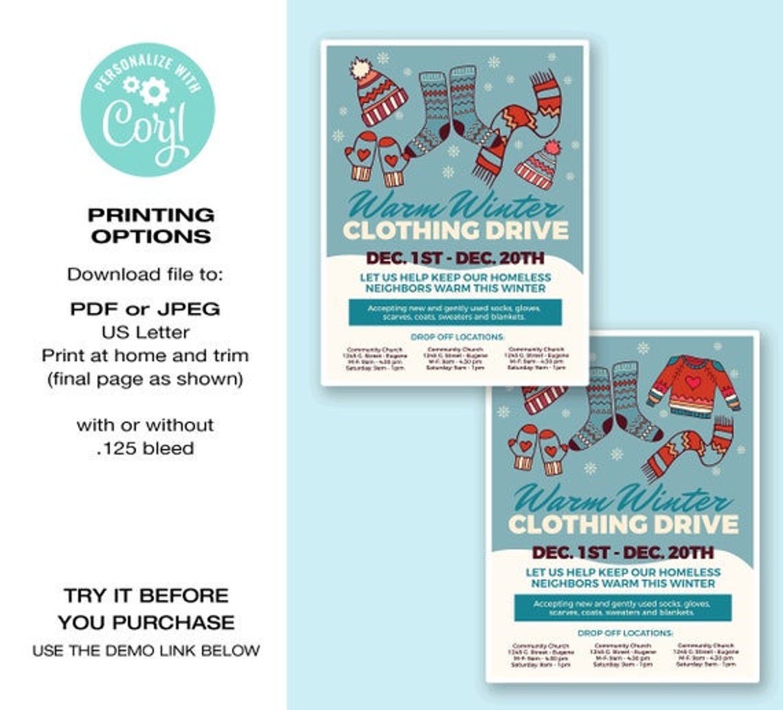 Winter Clothing Drive Flyer Template • Sock Drive | EDITABLE | Sock ...