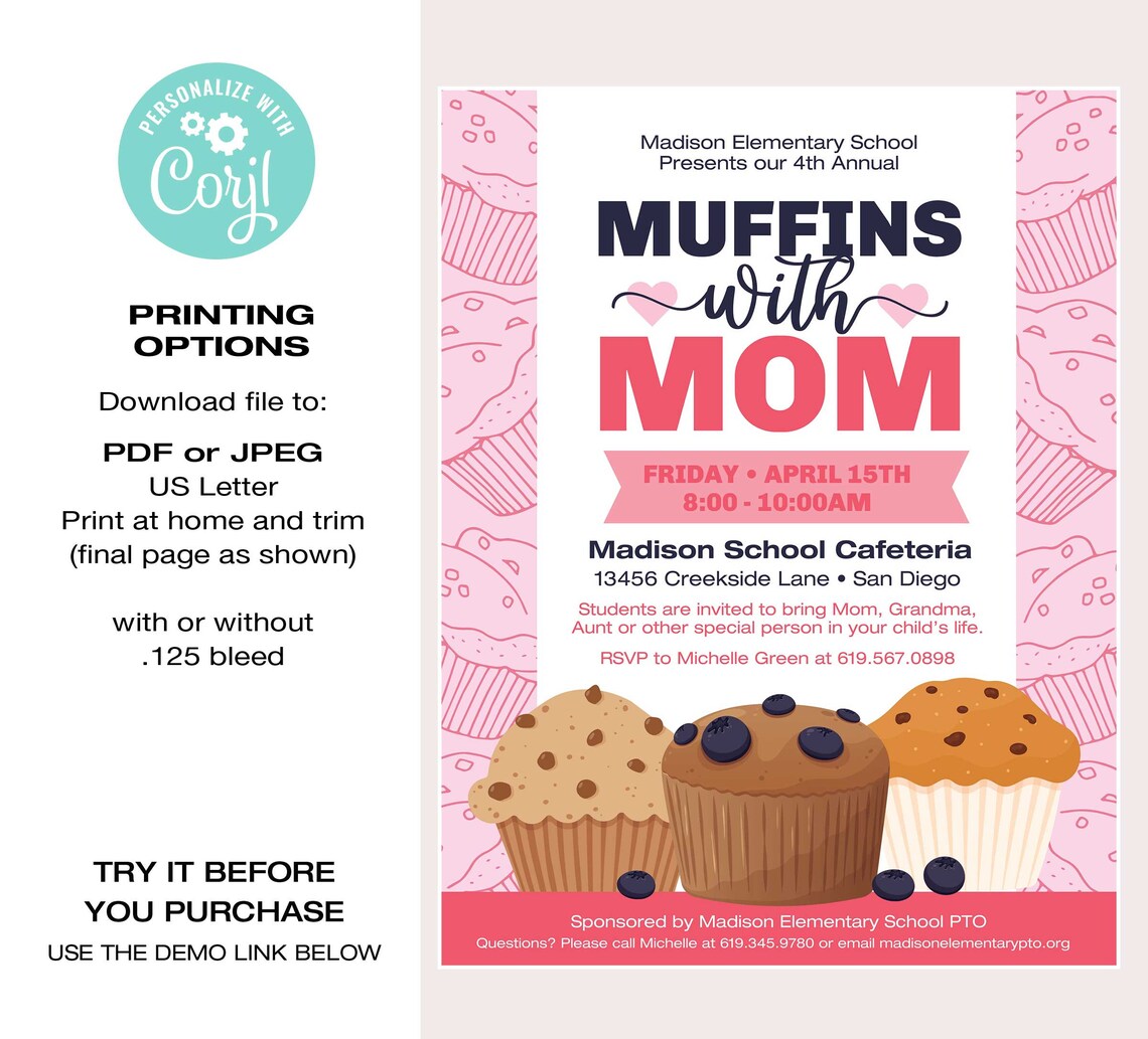 Muffins and Mom Flyer Template EDITABLE| Mother's Day Flyer | 8.5 X 11 ...