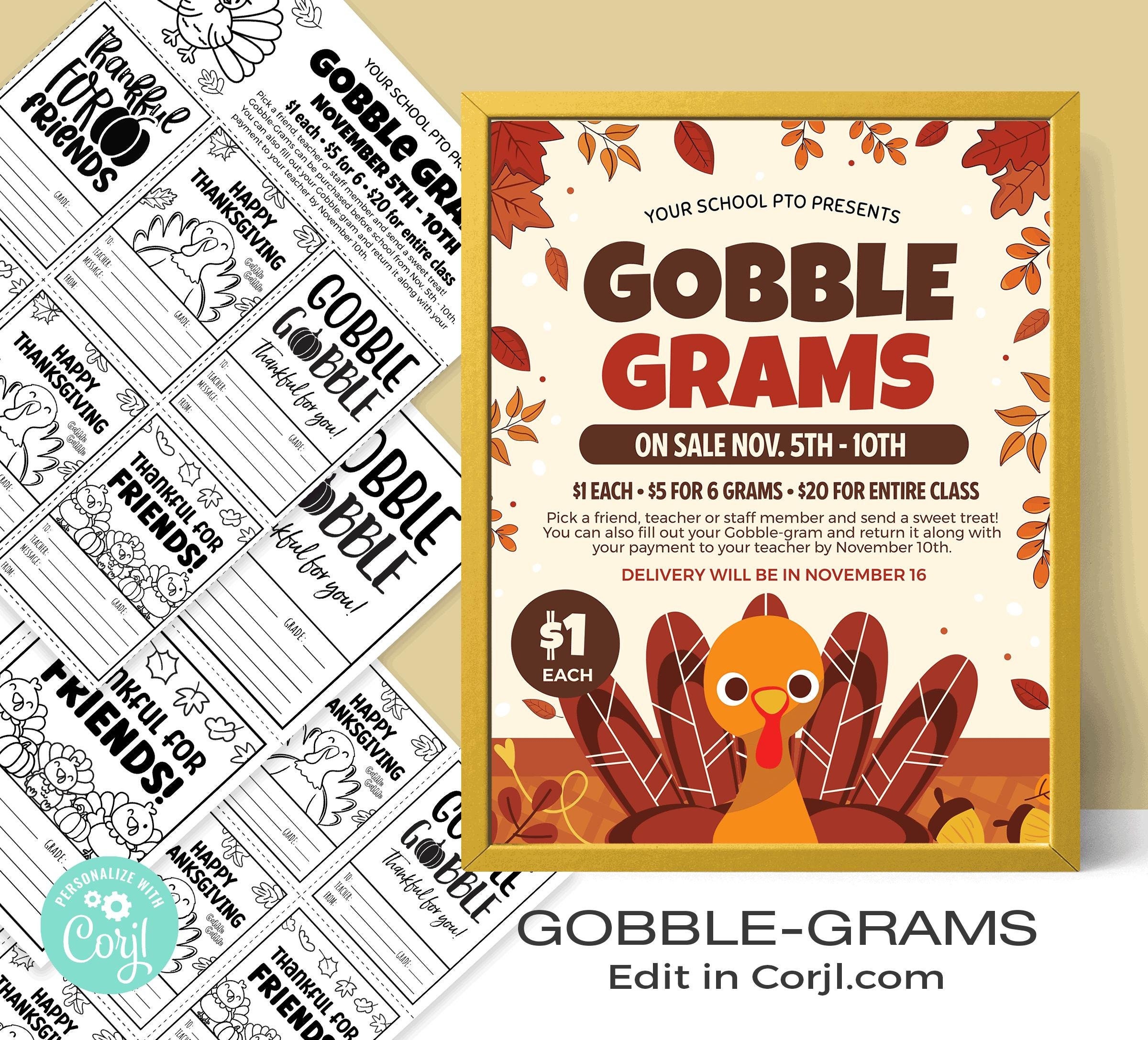 Gobble Grams, Editable Thanksgiving Candy Grams, Printable Gobble Grams ...