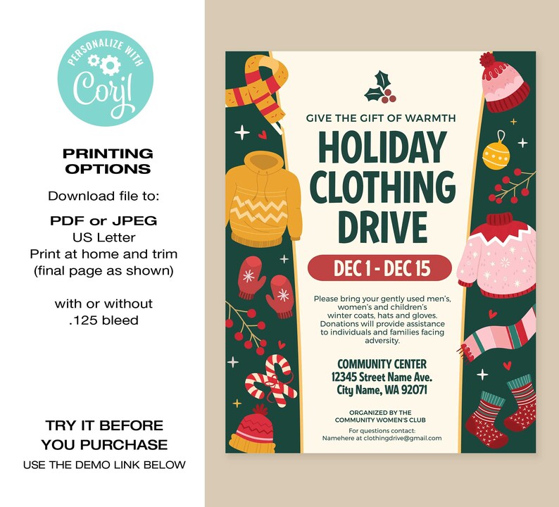 Holiday Clothing Drive Template | EDITABLE | Coat Drive Flyer • winter ...