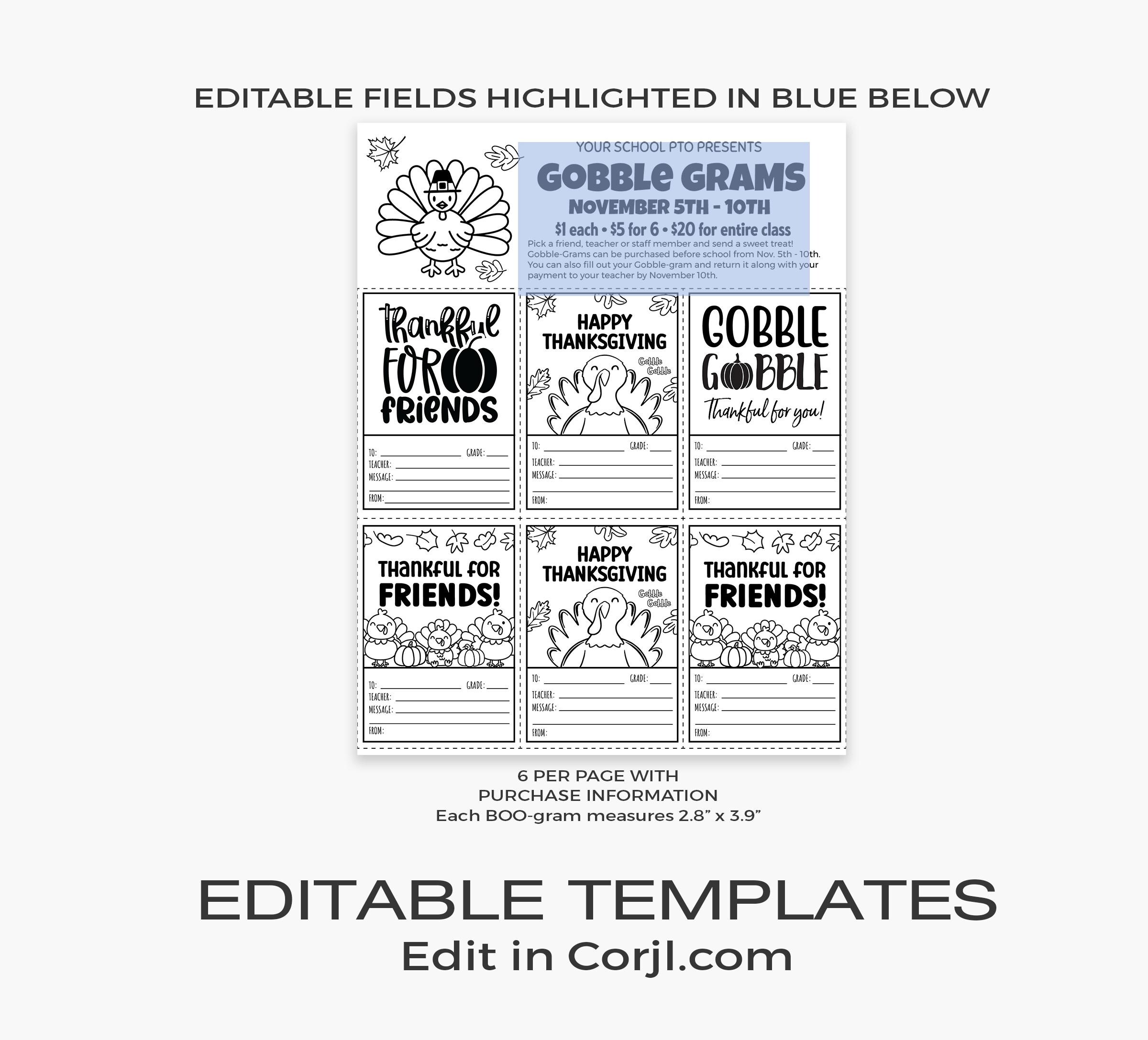 Gobble Grams, Editable Thanksgiving Candy Grams, Printable Gobble Grams ...