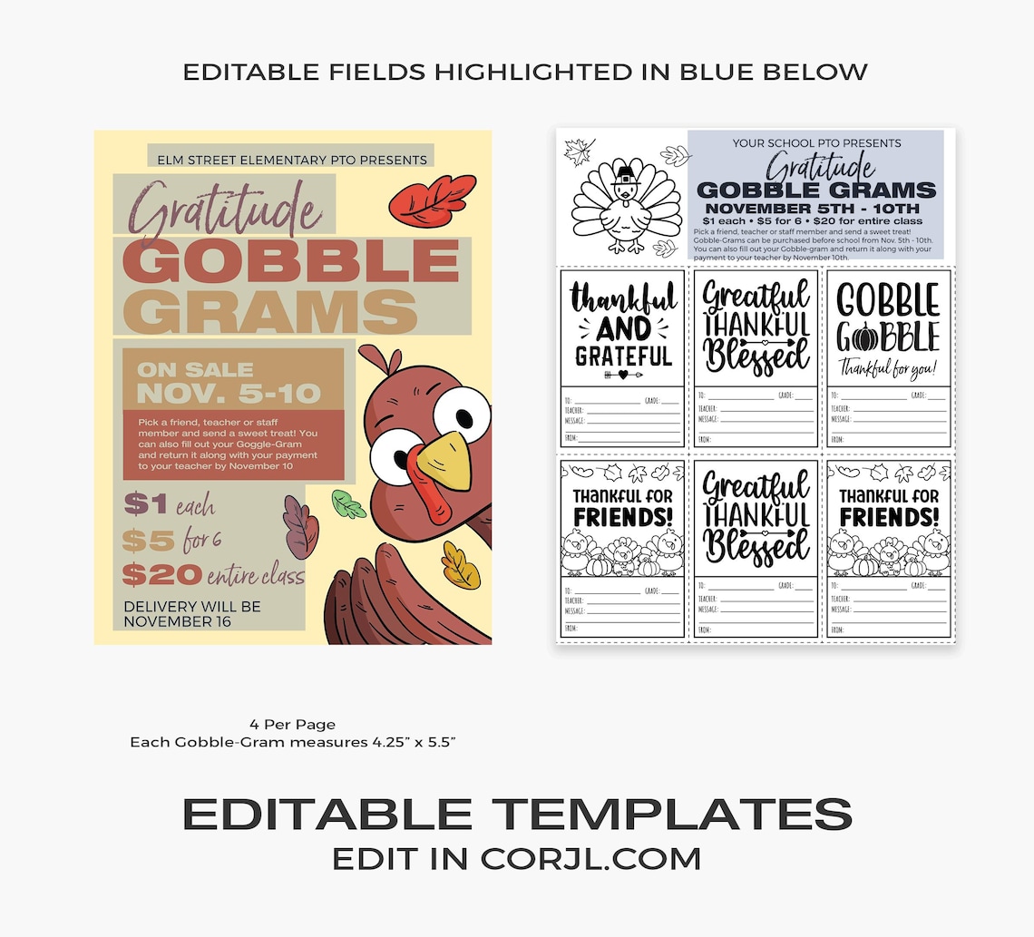 Gobble Grams, Editable Thanksgiving Candy Grams, Printable Gobble Grams ...