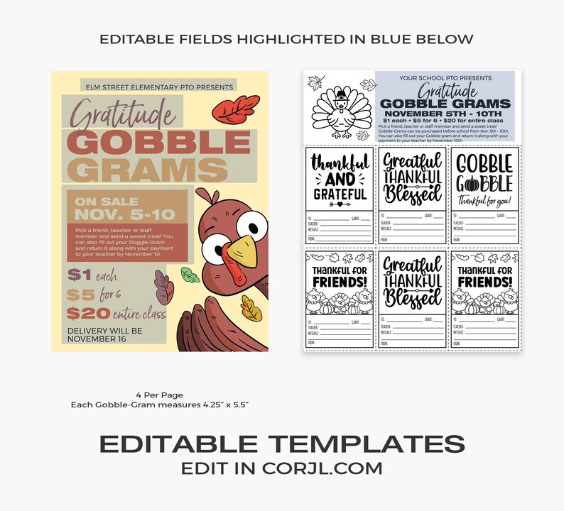 Gobble Grams, Editable Thanksgiving Candy Grams, Printable Gobble Grams ...