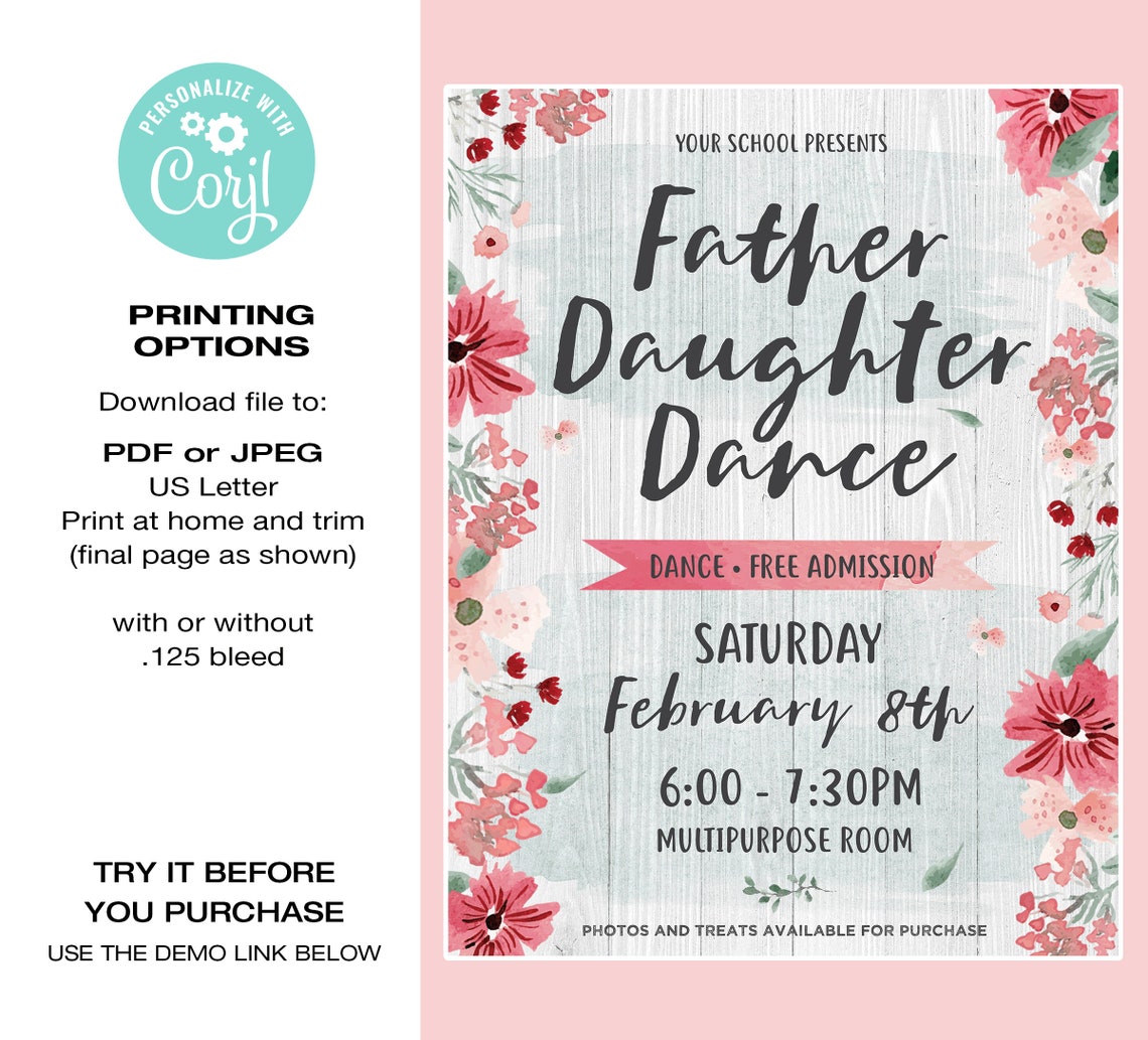 Father Daughter Dance Flyer Template • Girl Themed • Valentine's Flyer ...