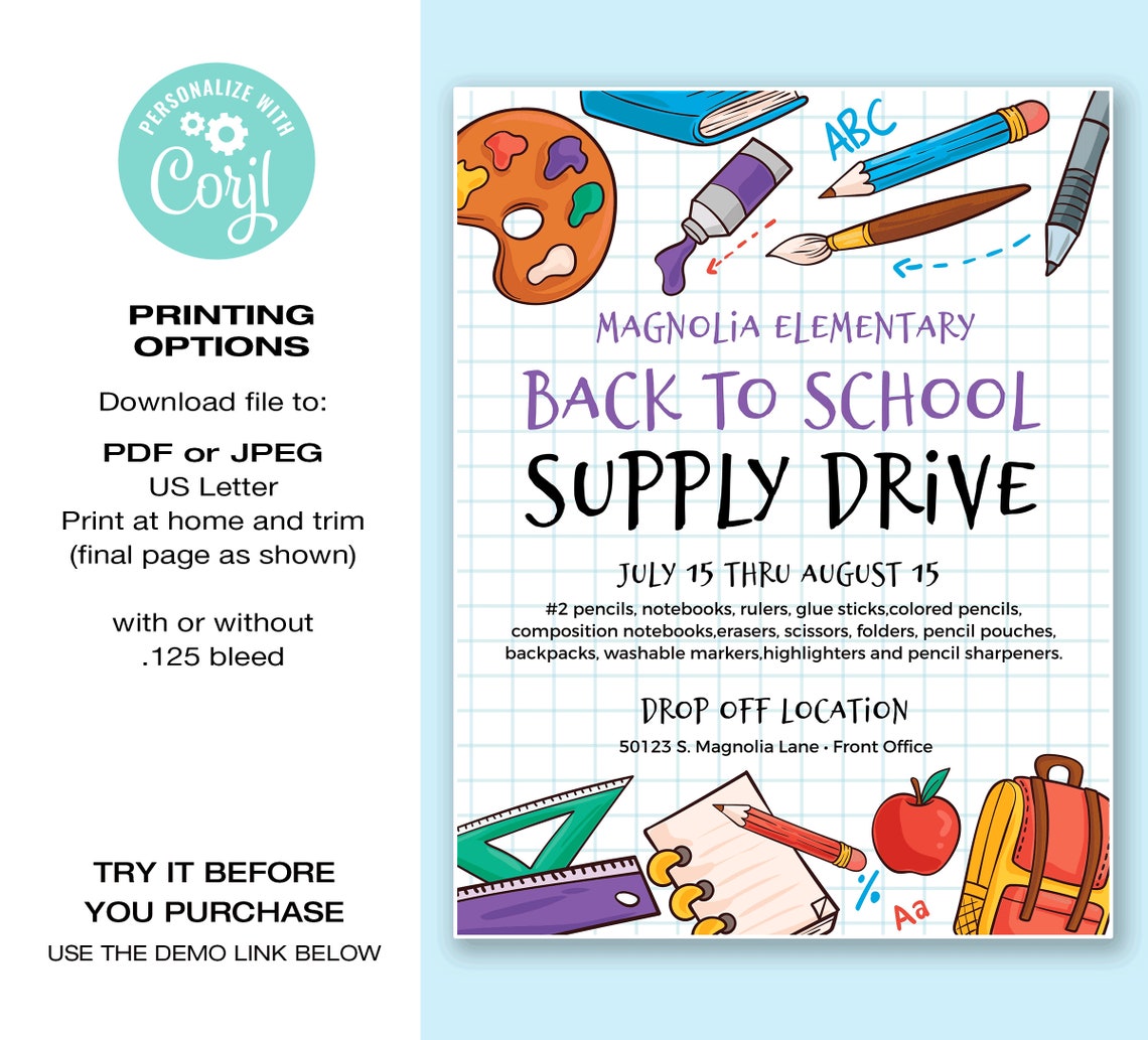 School Supply Drive Flyer Template • Back to School Flyer • Template ...