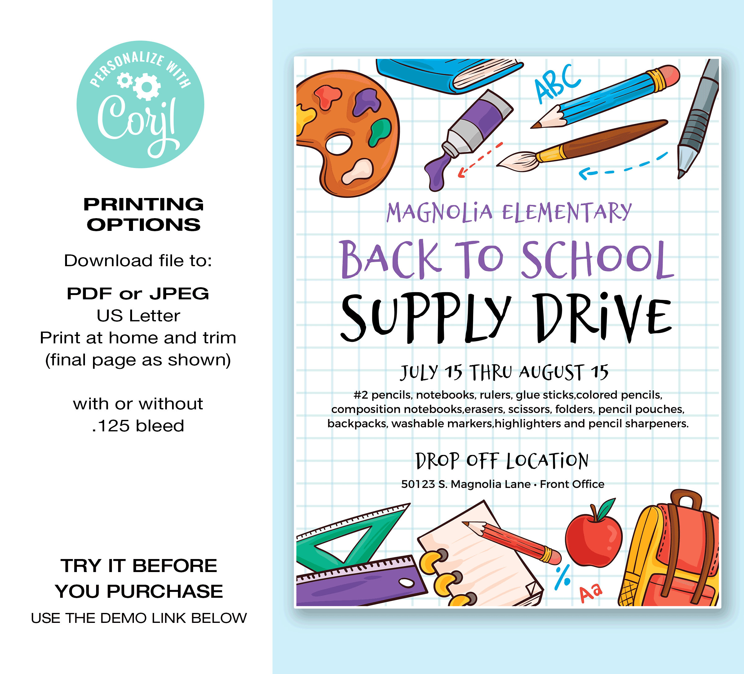 School Supply Drive Flyer Template • Back to School Flyer • Template ...