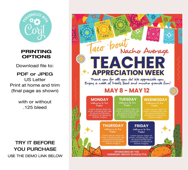 Teacher Appreciation Week Flyer Template EDITABLE | Taco 'bout Nacho ...