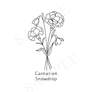 January Birth Flower Print: Carnation and Snowdrop B&W Line Art ...
