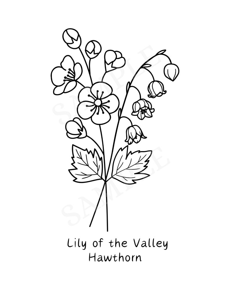 May Lily of the Valley + Hawthorn B&W Birth Flower Digital Wall Art ...