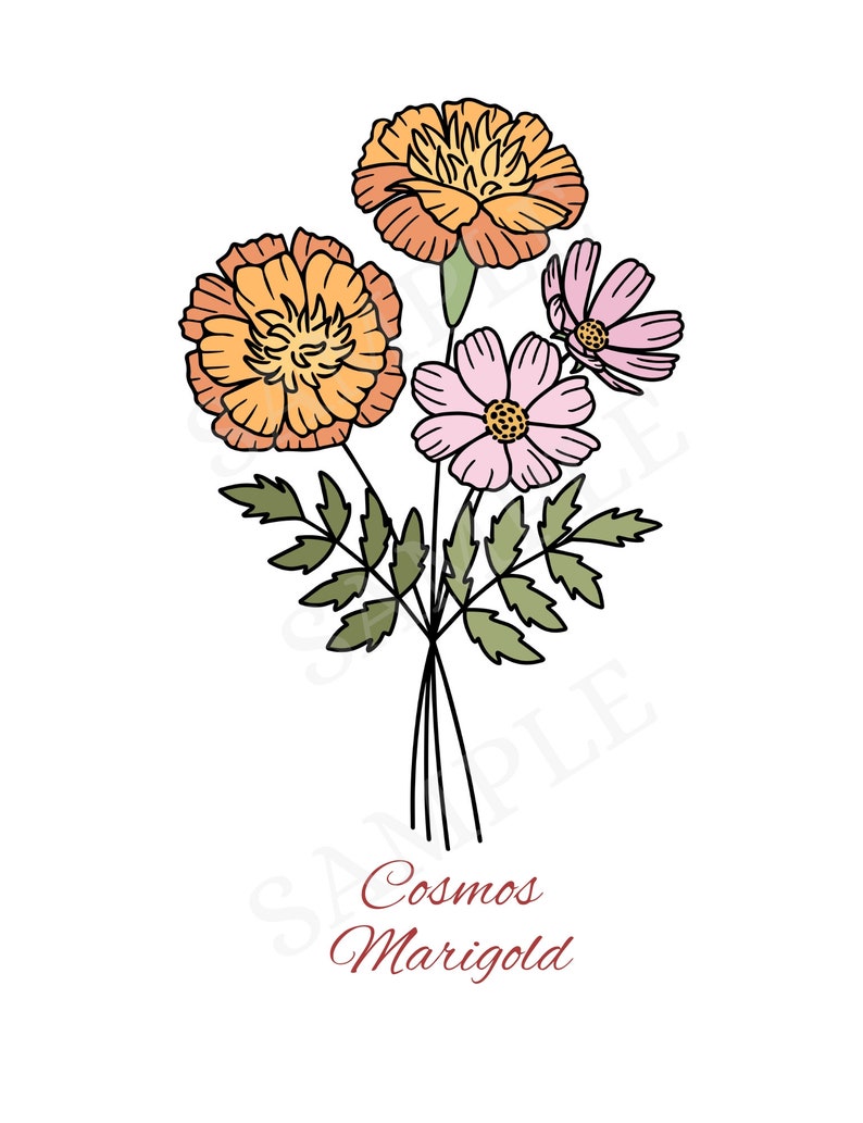 October Cosmos + Marigold Birth Flower Wall Art Poster Grandmother ...