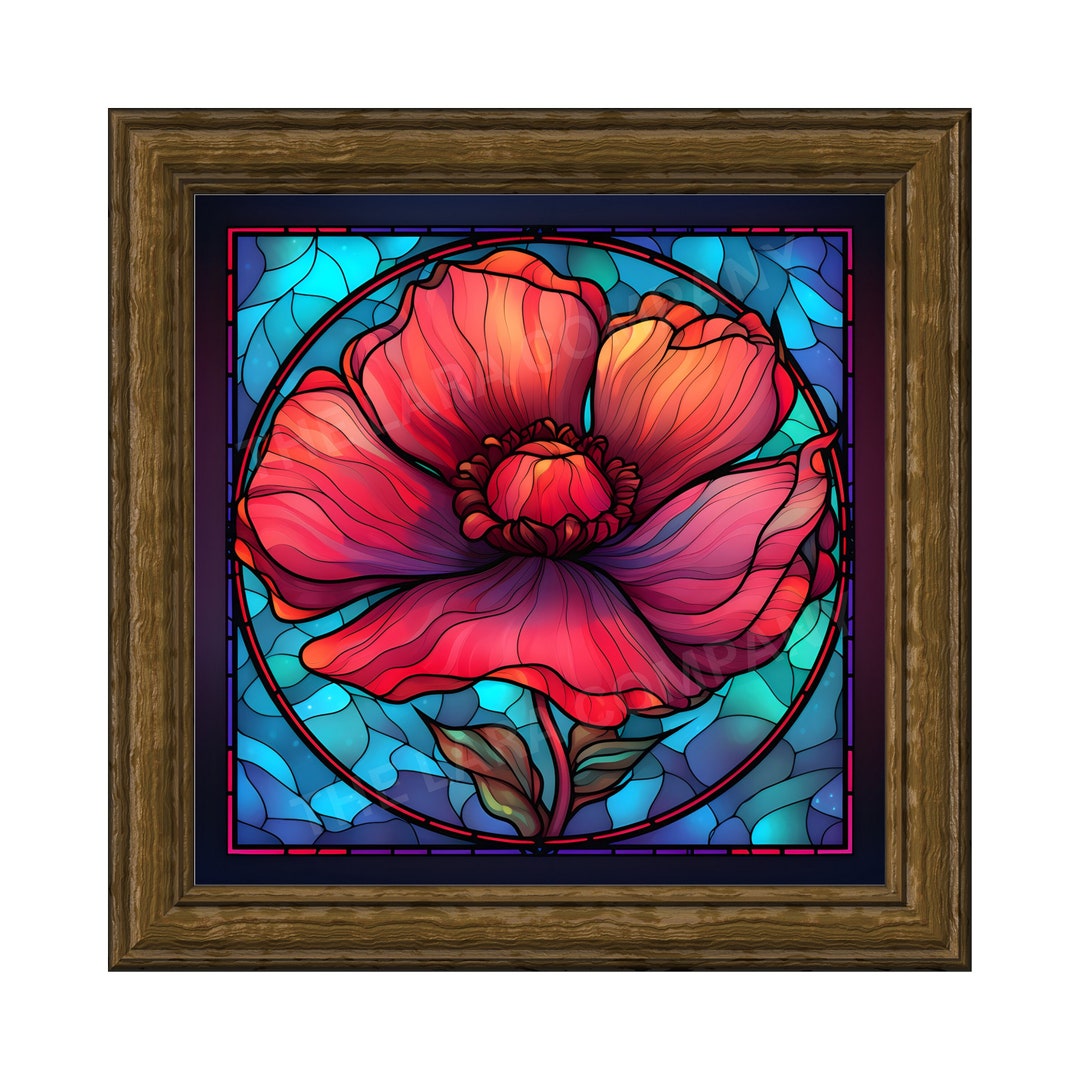 August Poppy Birth Flower Wood Frame Stained Glass Window Flower Wall ...