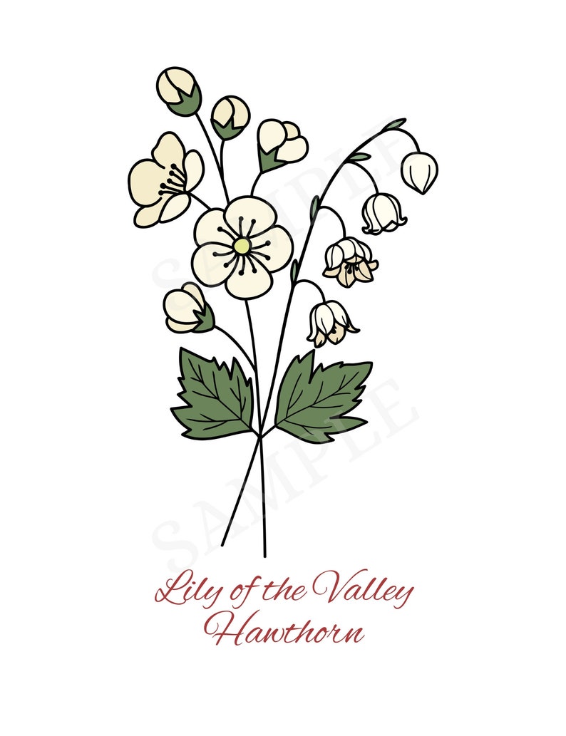 May Lily of the Valley + Hawthorn B&W Birth Flower Digital Wall Art ...