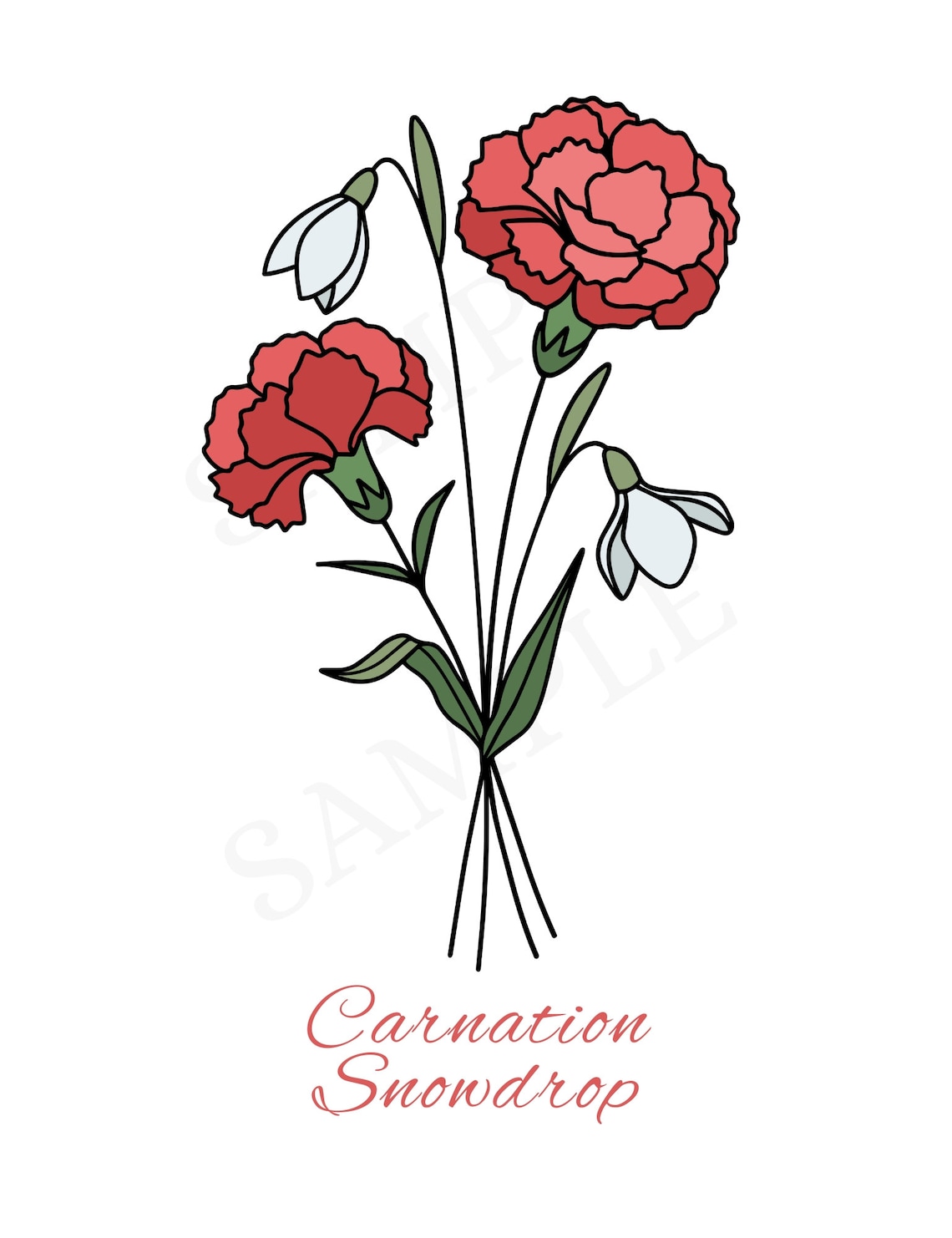 January Carnation + Snowdrop B&W Birth Flower Wall Art Digital Decor ...