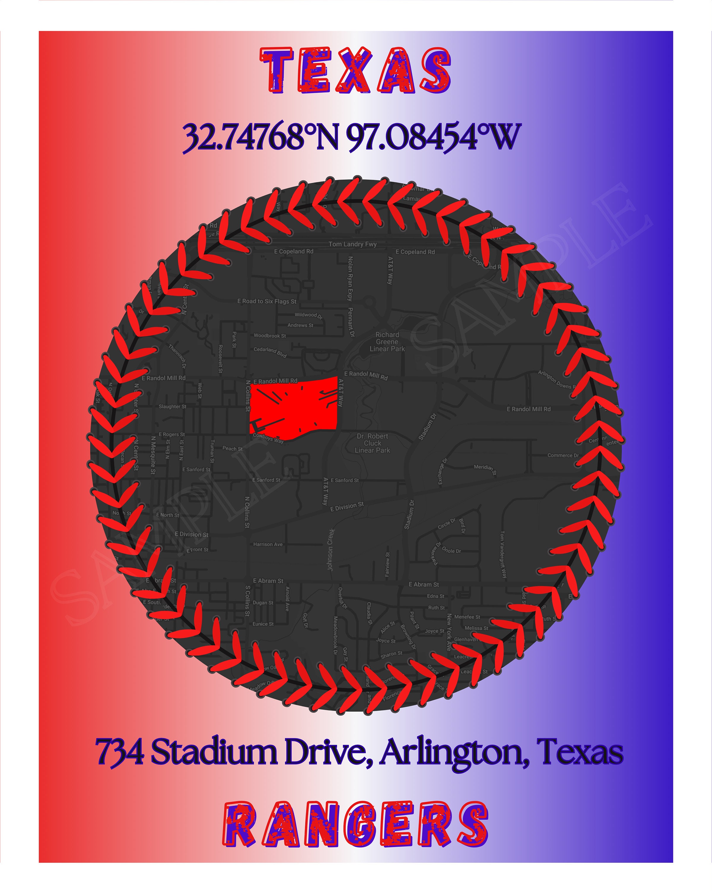 Ranger Stadium Map Poster Globe Life GPS Coordinate Epic Picture ...