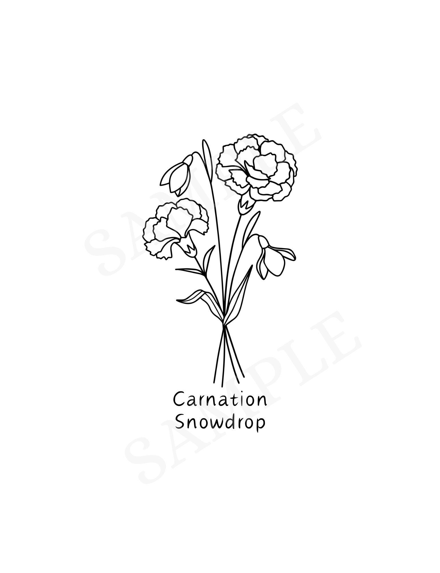 January Carnation + Snowdrop B&W Birth Flower Wall Art Digital Decor ...