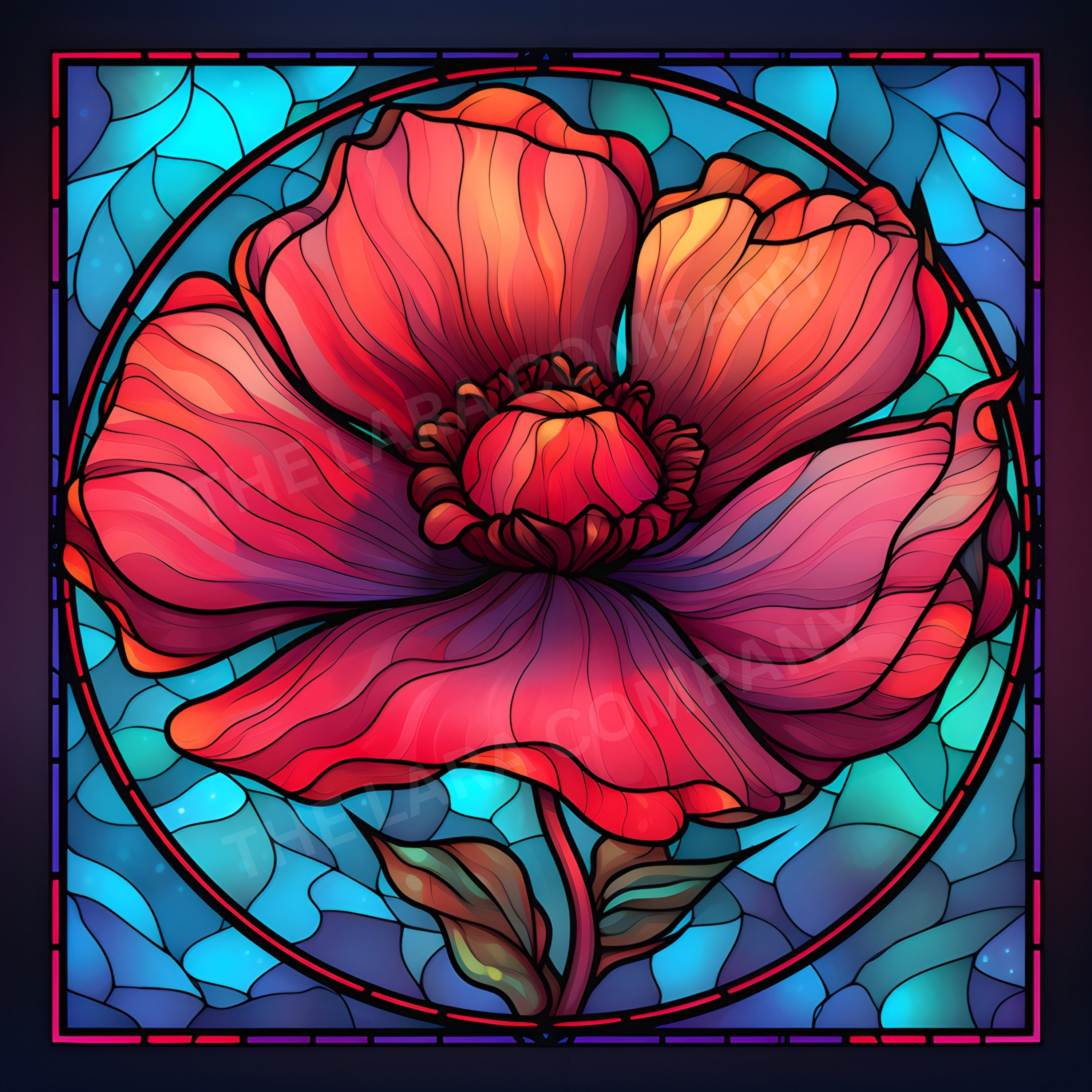 August Poppy Stained Glass Window Birth Flower Wall Art Digital File ...