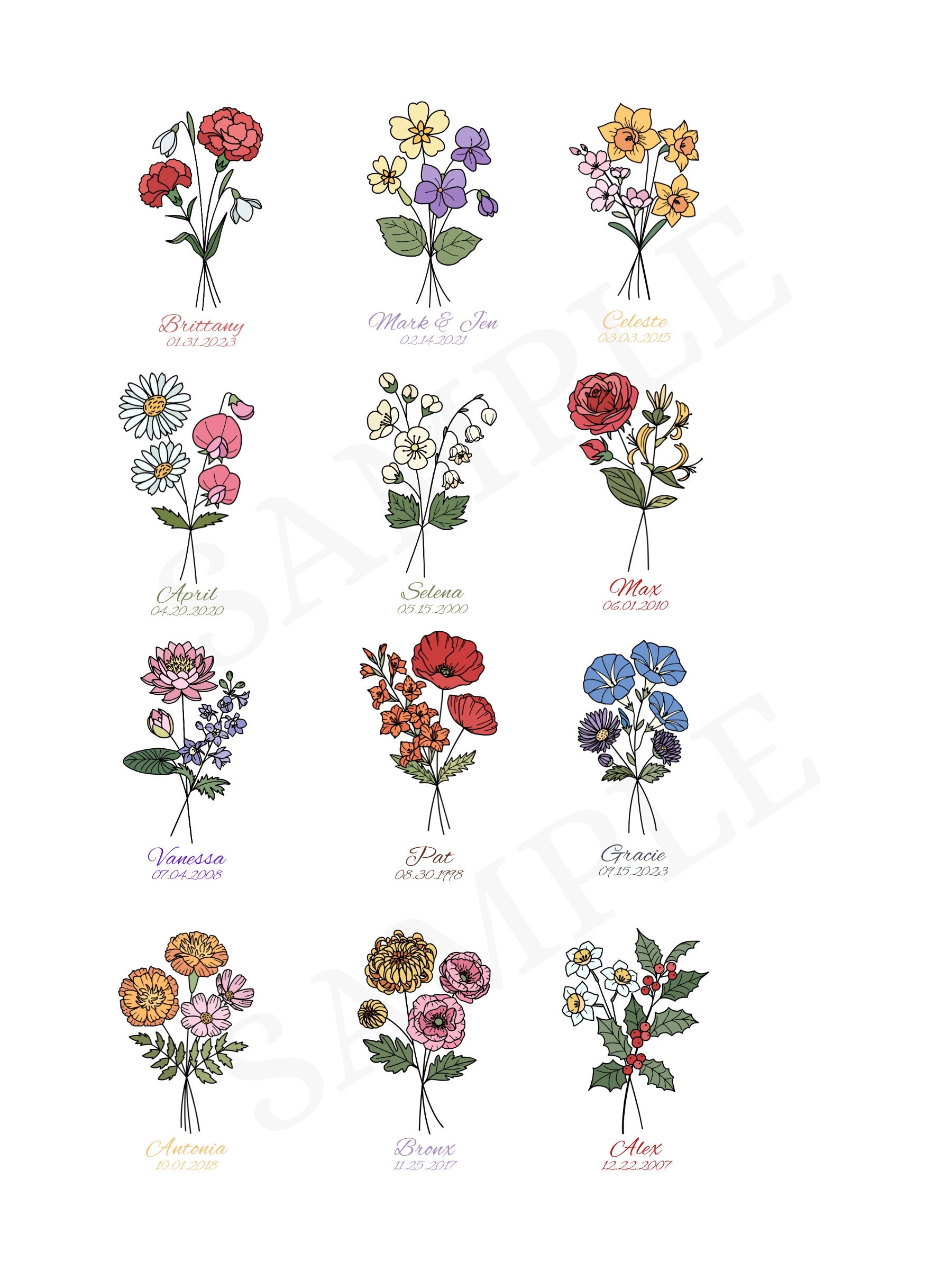 January Birth Flower Print: Carnation and Snowdrop B&W Line Art ...