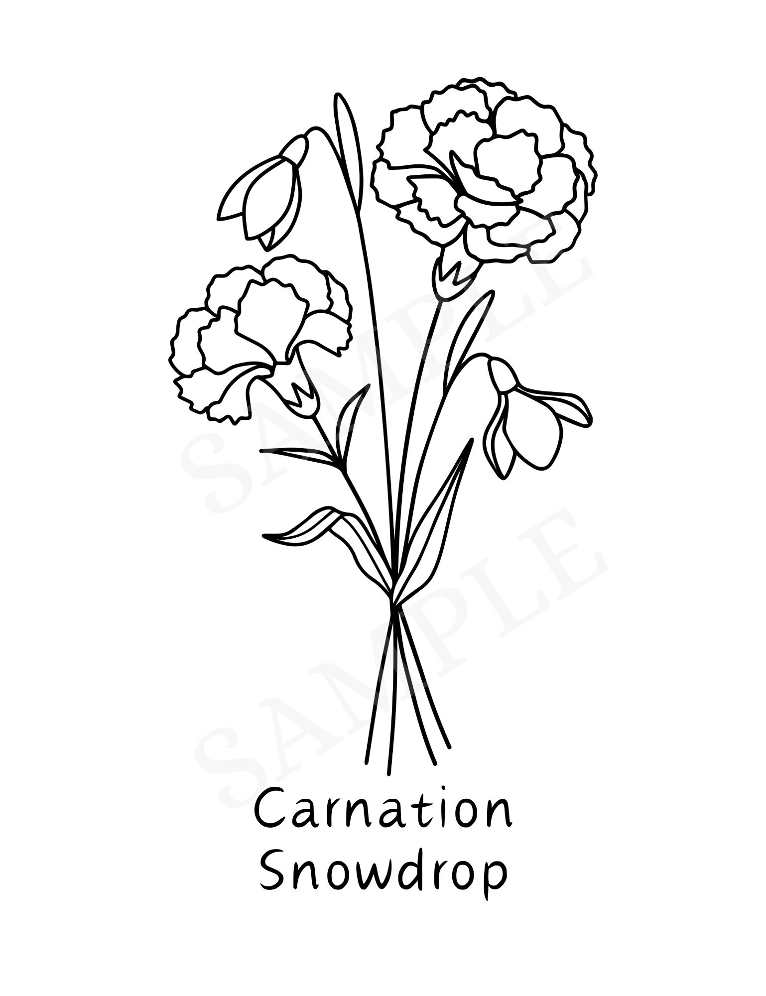 January Carnation + Snowdrop B&W Birth Flower Wall Art Digital Decor ...