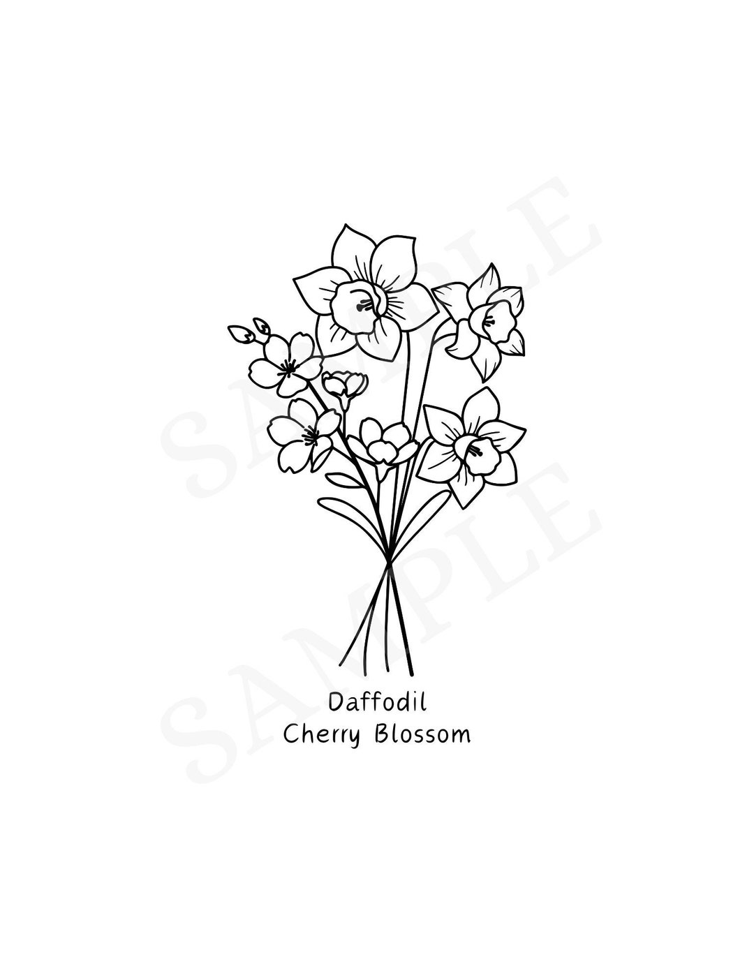 March Daffodil + Cherry Blossom B&W Birth Flower Wall Art Digital Grandmother Garden Birthday ...