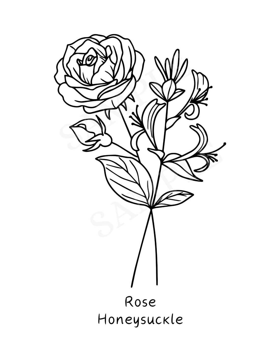 June Birth Flower Art Print: Rose and Honeysuckle B&W (digital Download ...