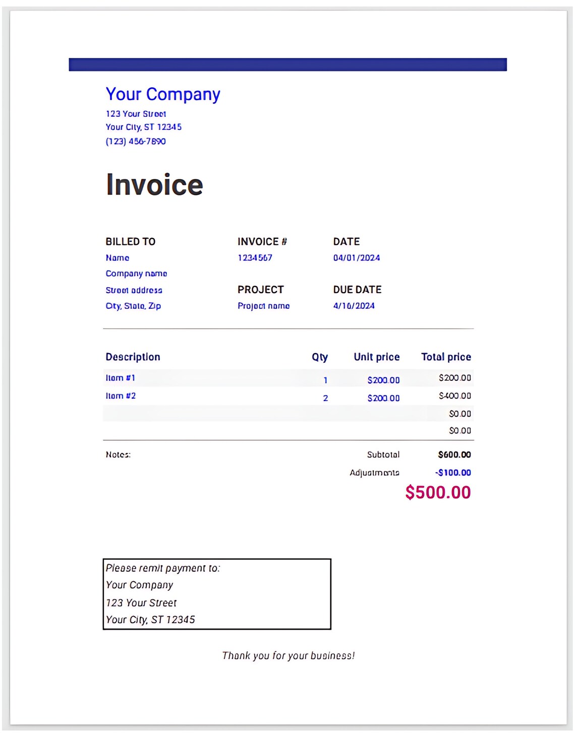 Invoice Template Digital Download Excel Spreadsheet Custom Invoice for ...