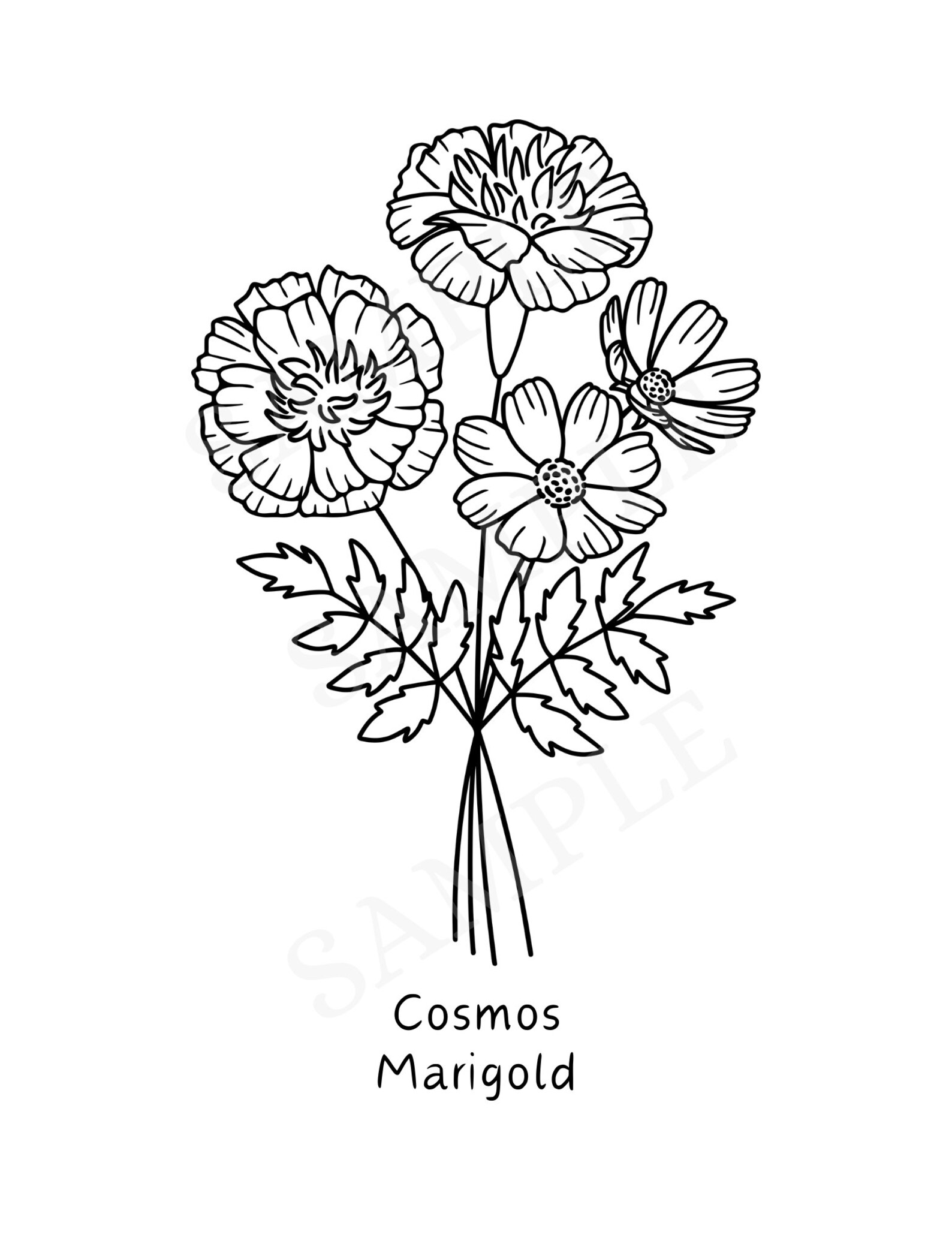 October Cosmos + Marigold B&W Birth Flower Wall Art Digital File ...