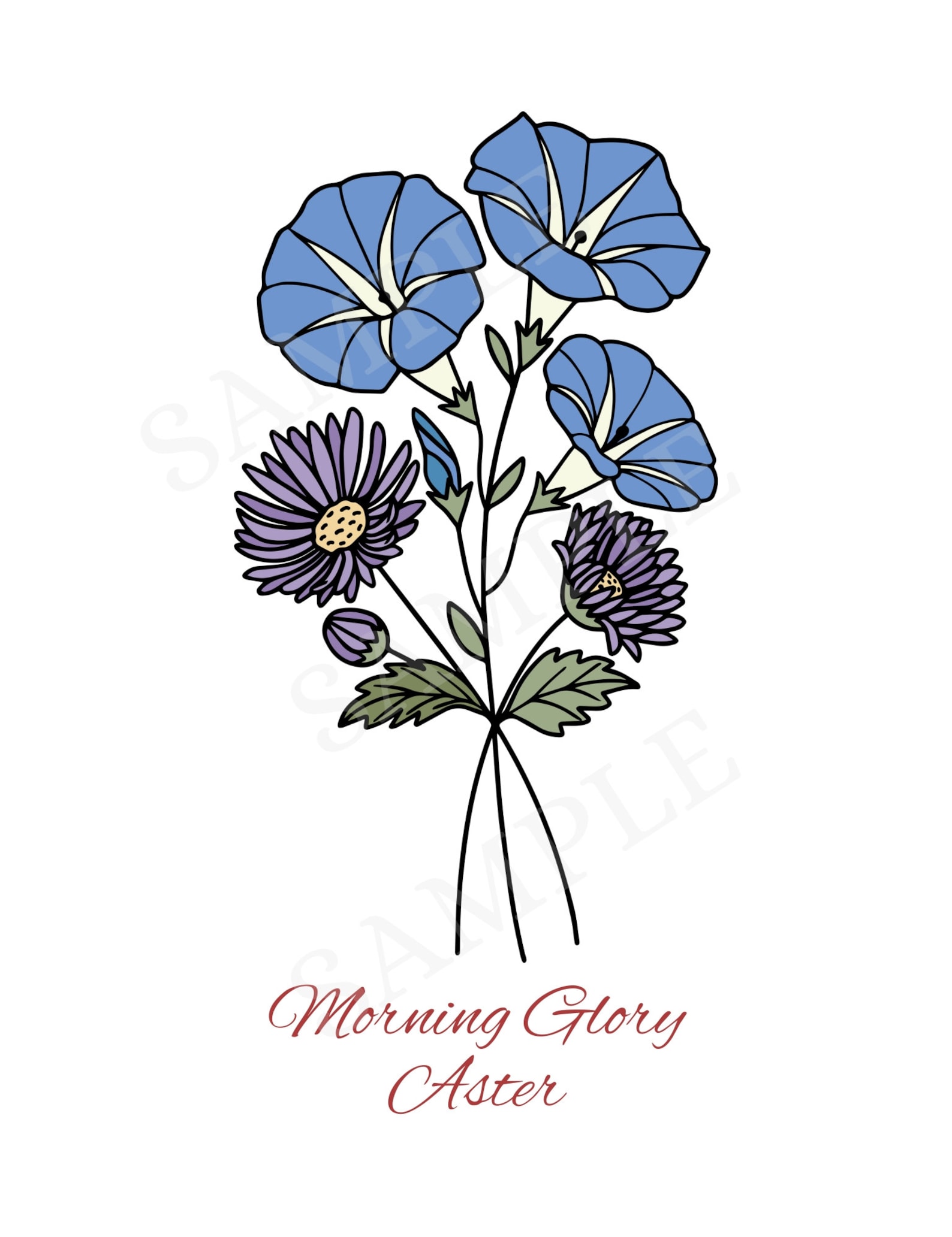 September Morning Glory + Aster B&W Birth Flower Wall Art Digital File ...