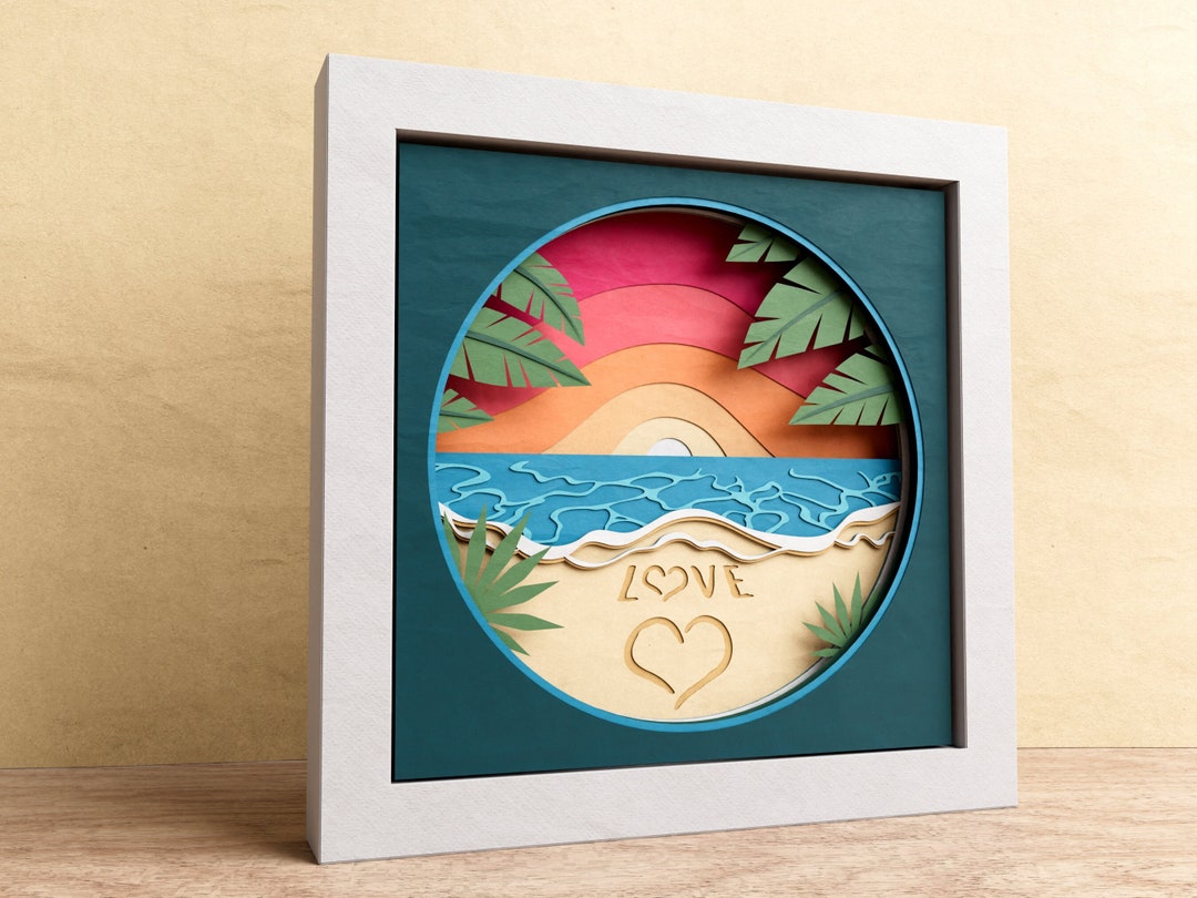 3D Beach Love Shadow Box, Valentines Day Shadow Box, 3D Heart and Love ...