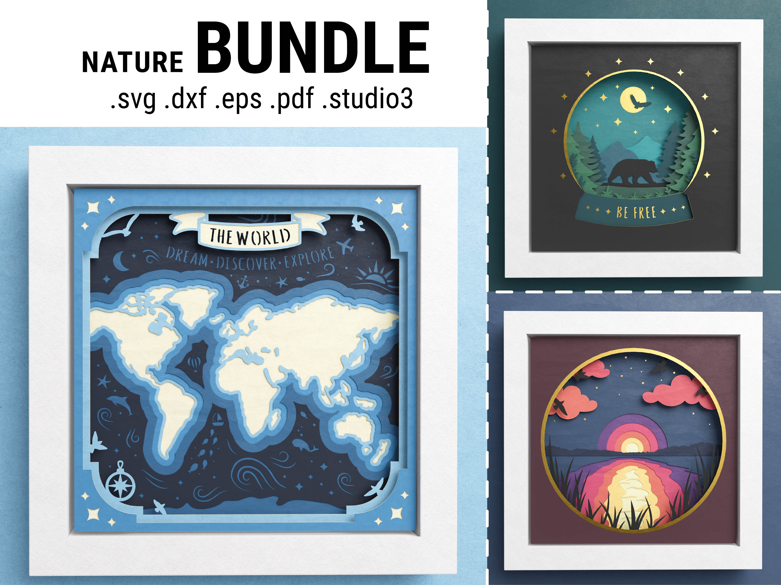 3D Nature Shadow Box Bundle, Sunset at the Lake, Nature Landscape SVG ...
