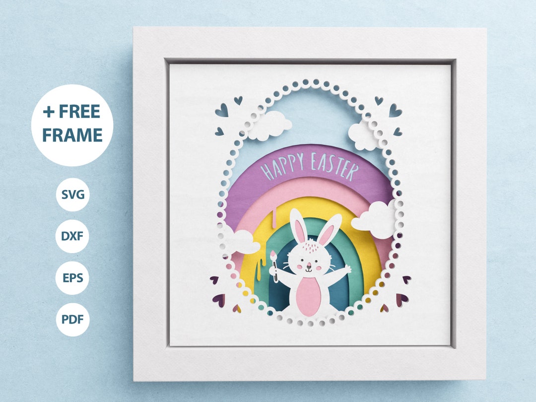 3D Easter Bunny Shadow Box, Happy Easter SVG, Rainbow Shadow Box, Layered Paper Art, Files for ...