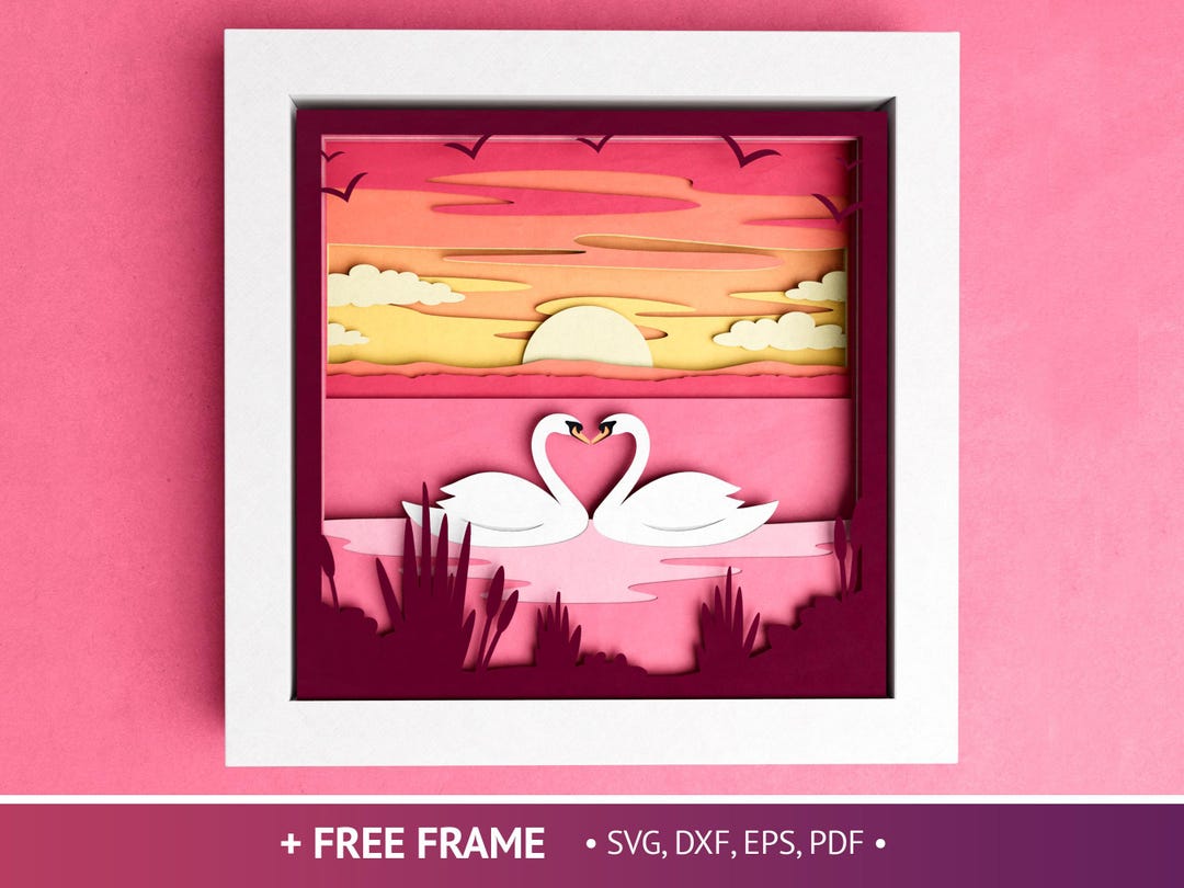 3D Swan Couple Shadow Box at Lake With Sunset, Valentines Day Heart ...