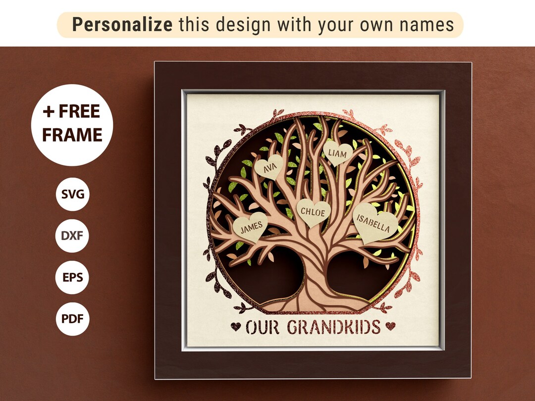 3D Grandkids Family Tree Shadow Box With Custom Name Hearts ...