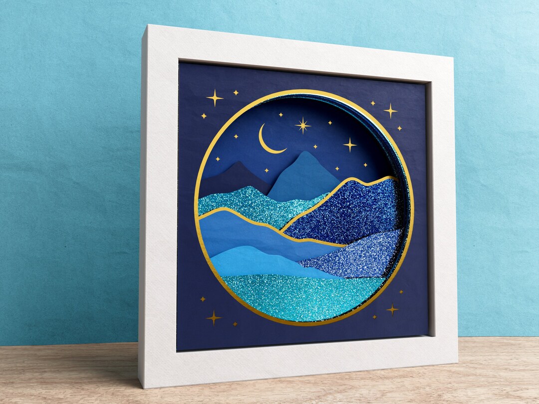 3D Mountains Shadow Box, Moon Shadow Box, Moon and Stars SVG, Mandala ...