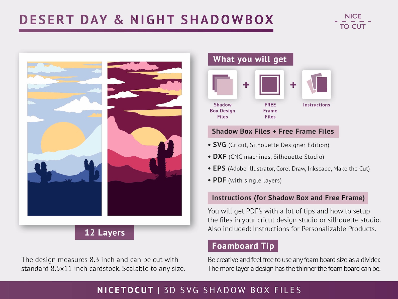 3D Desert Day & Night Shadow Box, Sunset and Sunrise Shadow Box SVG, 3D ...