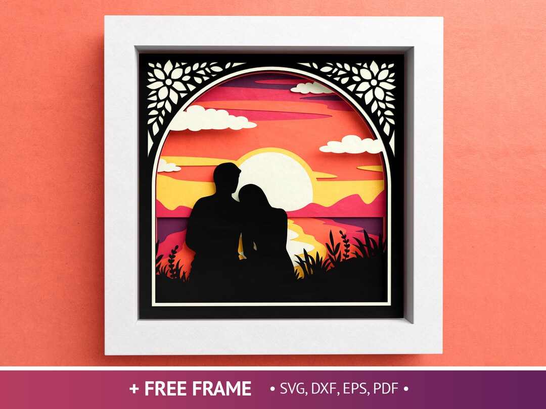 3D Couple Heart Sunset Shadow Box, Floral Valentines Day Love Shadow ...