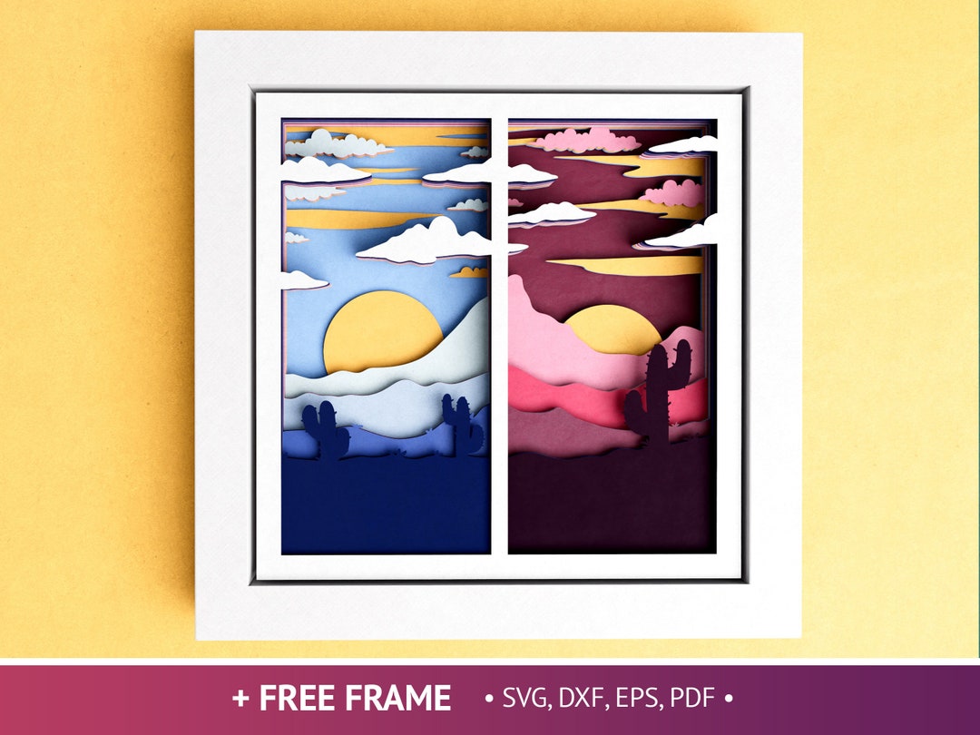 3D Desert Day & Night Shadow Box, Sunset and Sunrise Shadow Box SVG, 3D ...