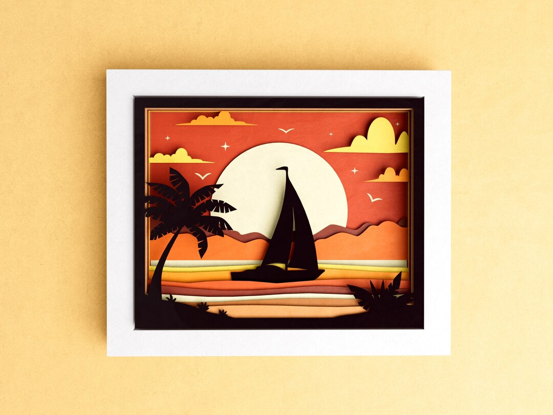 3D Sailboat Shadow Box, Sunset at the Lake, Nature Landscape SVG ...