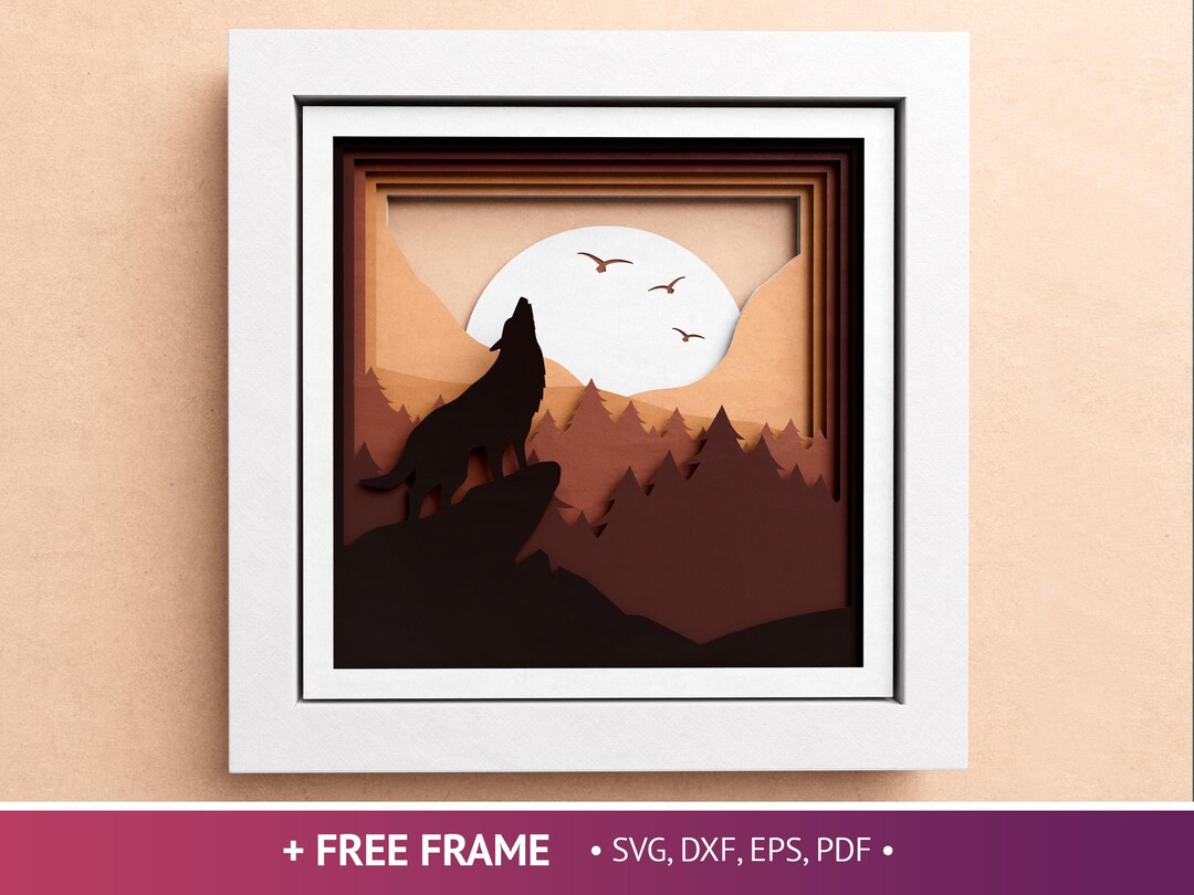 3D Wolf Shadow Box, Full Moon Decor, Forest Wolf Scene Shadow Box ...