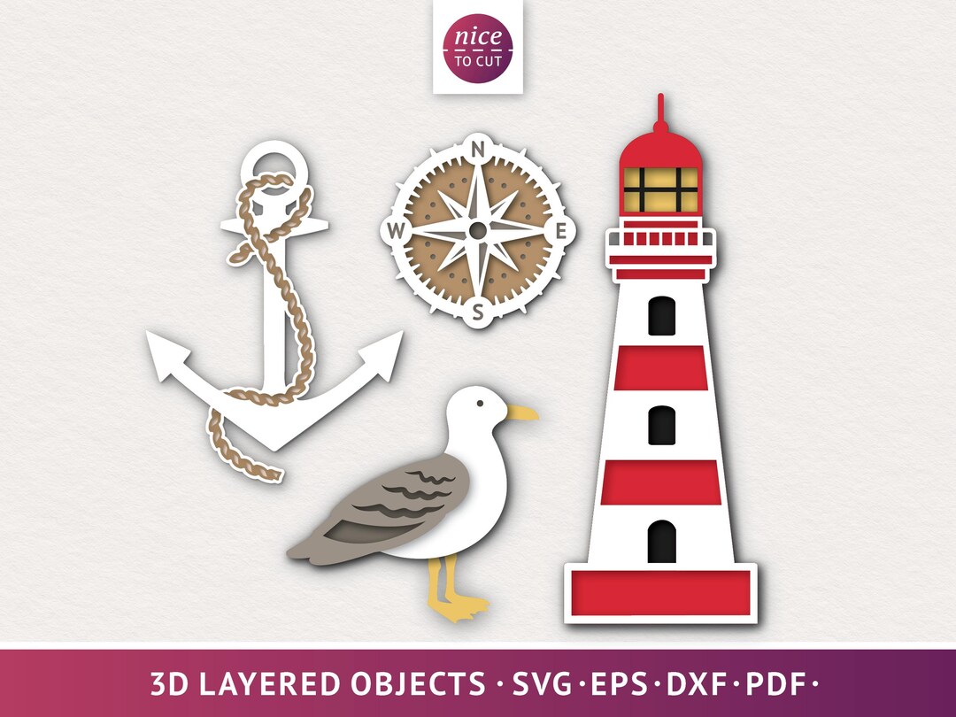 3D SVG Nautical Set, Maritime 3D SVG With an Anchor, Seagull, Compass ...