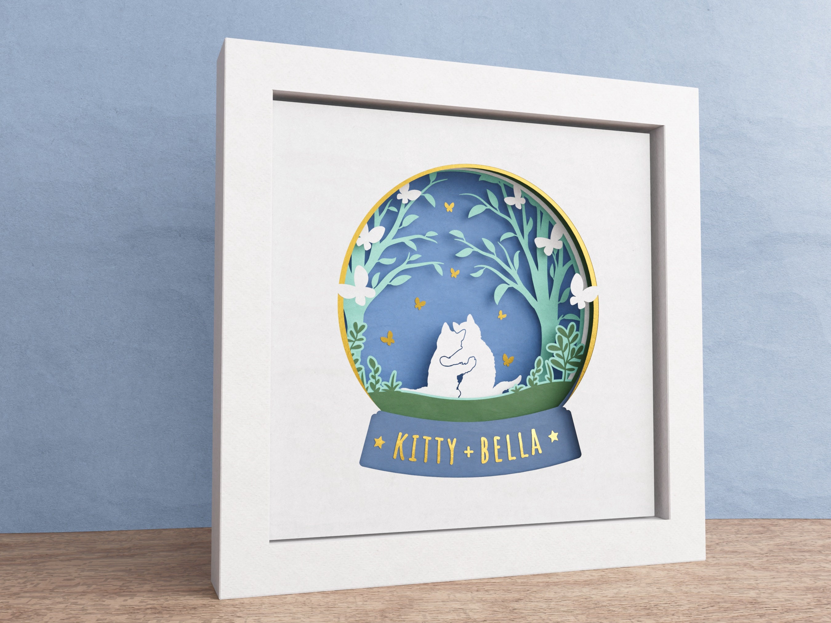 2 Cats Shadow Box, Custom Layered Paper Art, Papercut Template, Snow ...