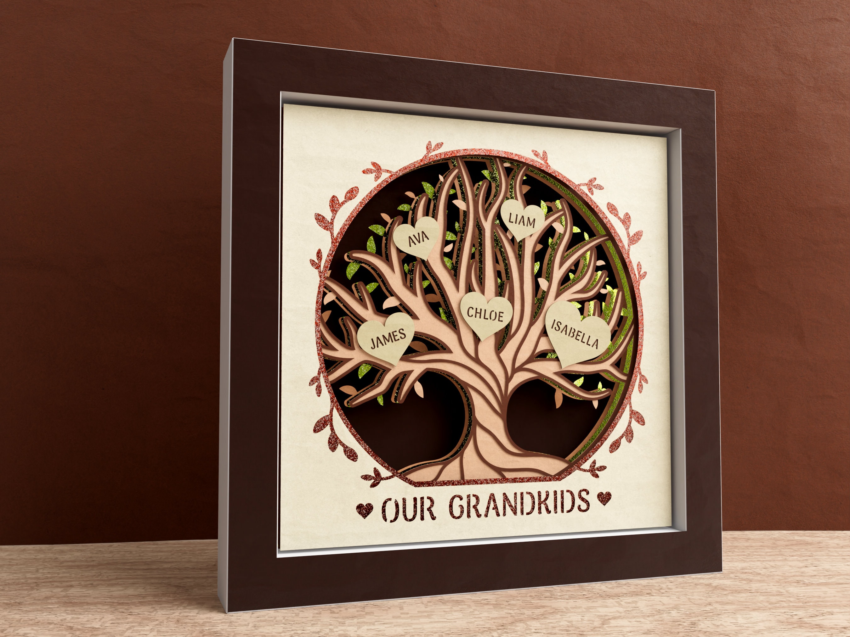 3D Grandkids Family Tree Shadow Box With Custom Name Hearts ...