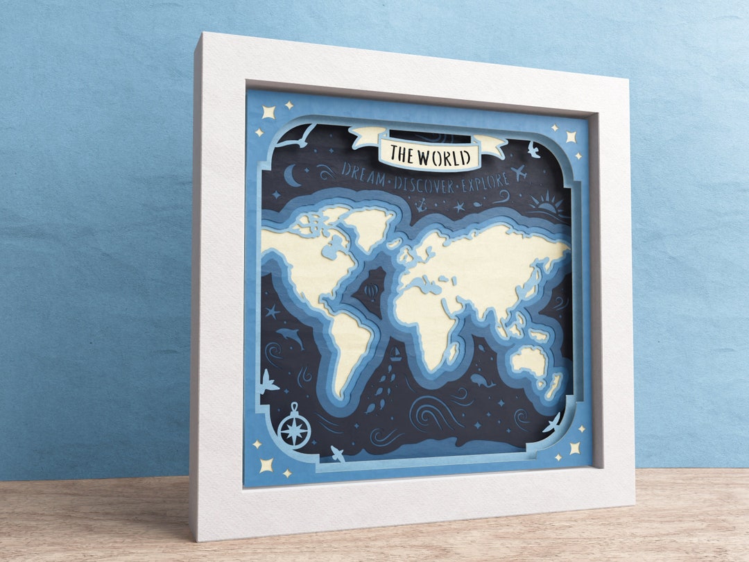 3D World Map Shadow Box, Ocean Svg, 3D Mandala, World Map Wall Art ...