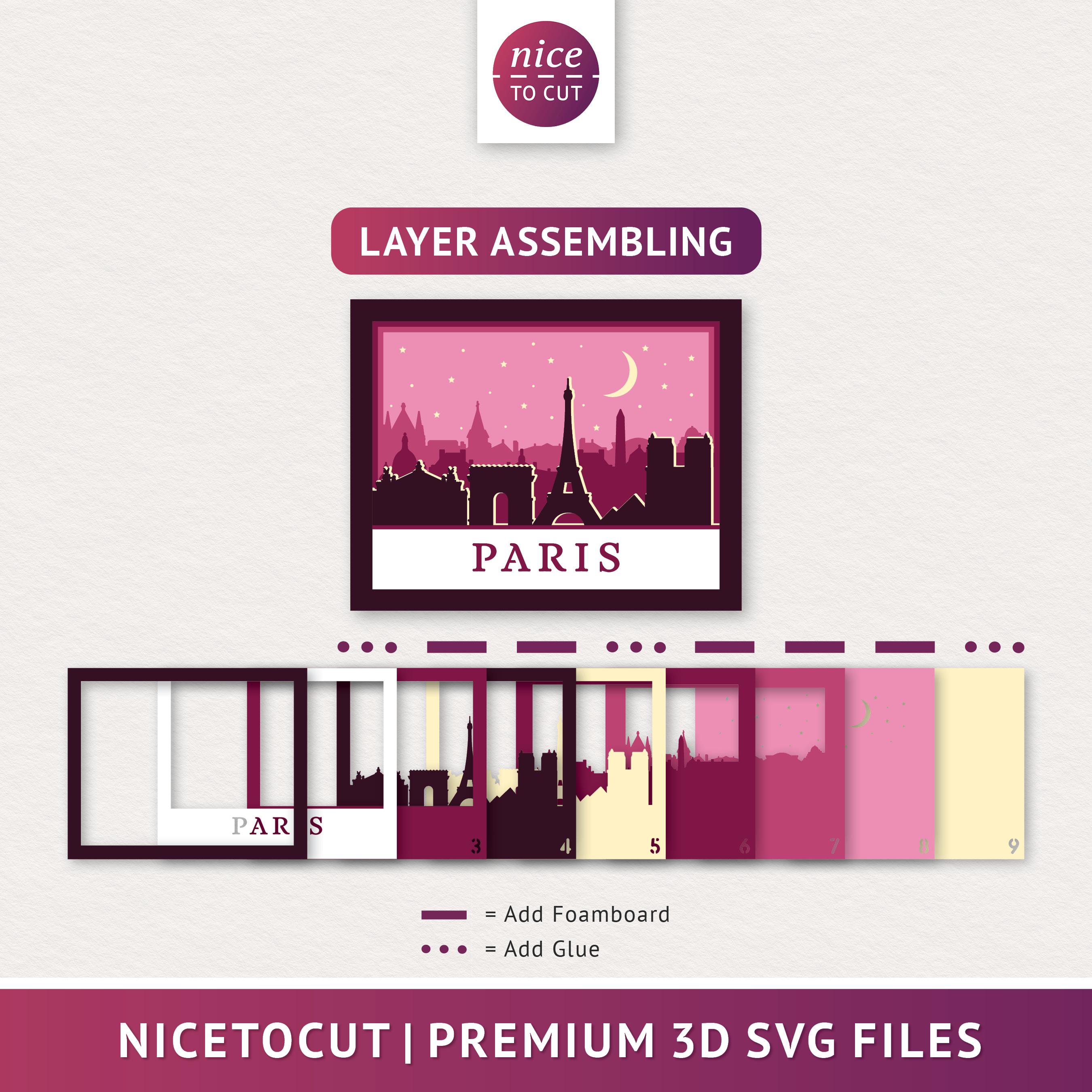 3D Paris Skyline Shadow Box, 8x10 France Paris City Night Shadow Box ...