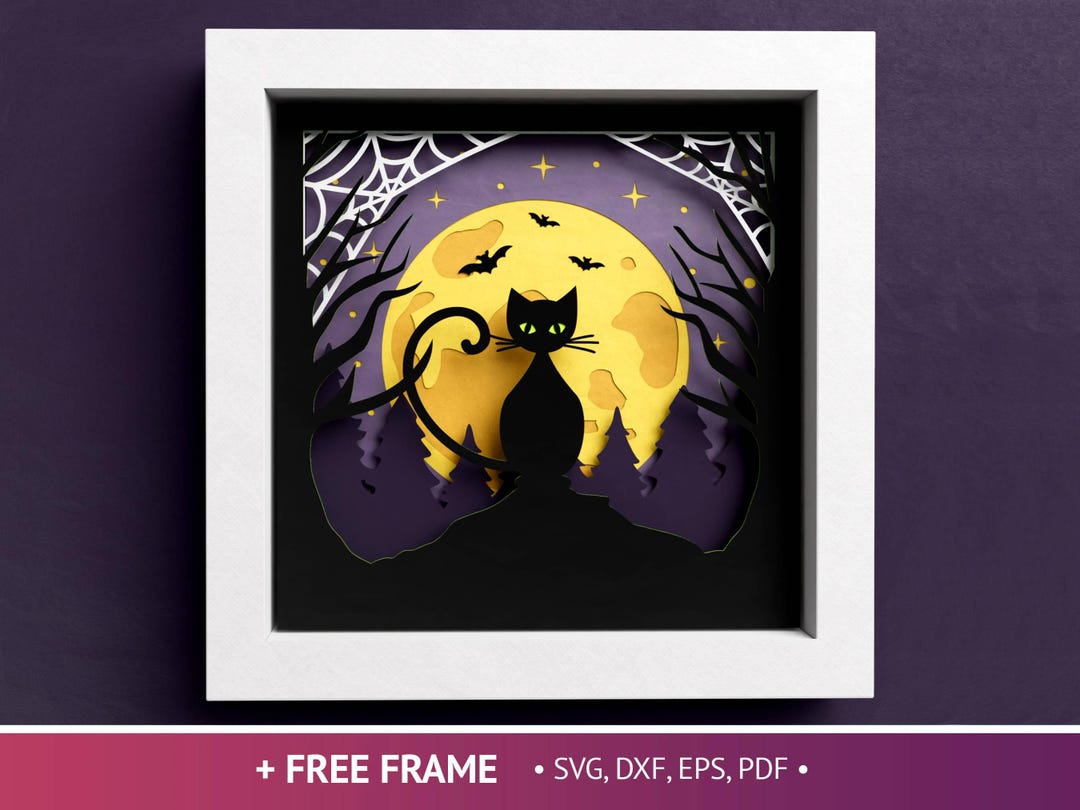 3D Halloween Moon Cat Shadow Box, Halloween SVG, Full Moon Shadow Box ...