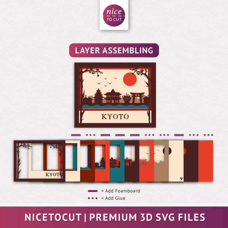 3D Kyoto Skyline Shadow Box, 8x10 Japan Kyoto City Night Shadow Box ...