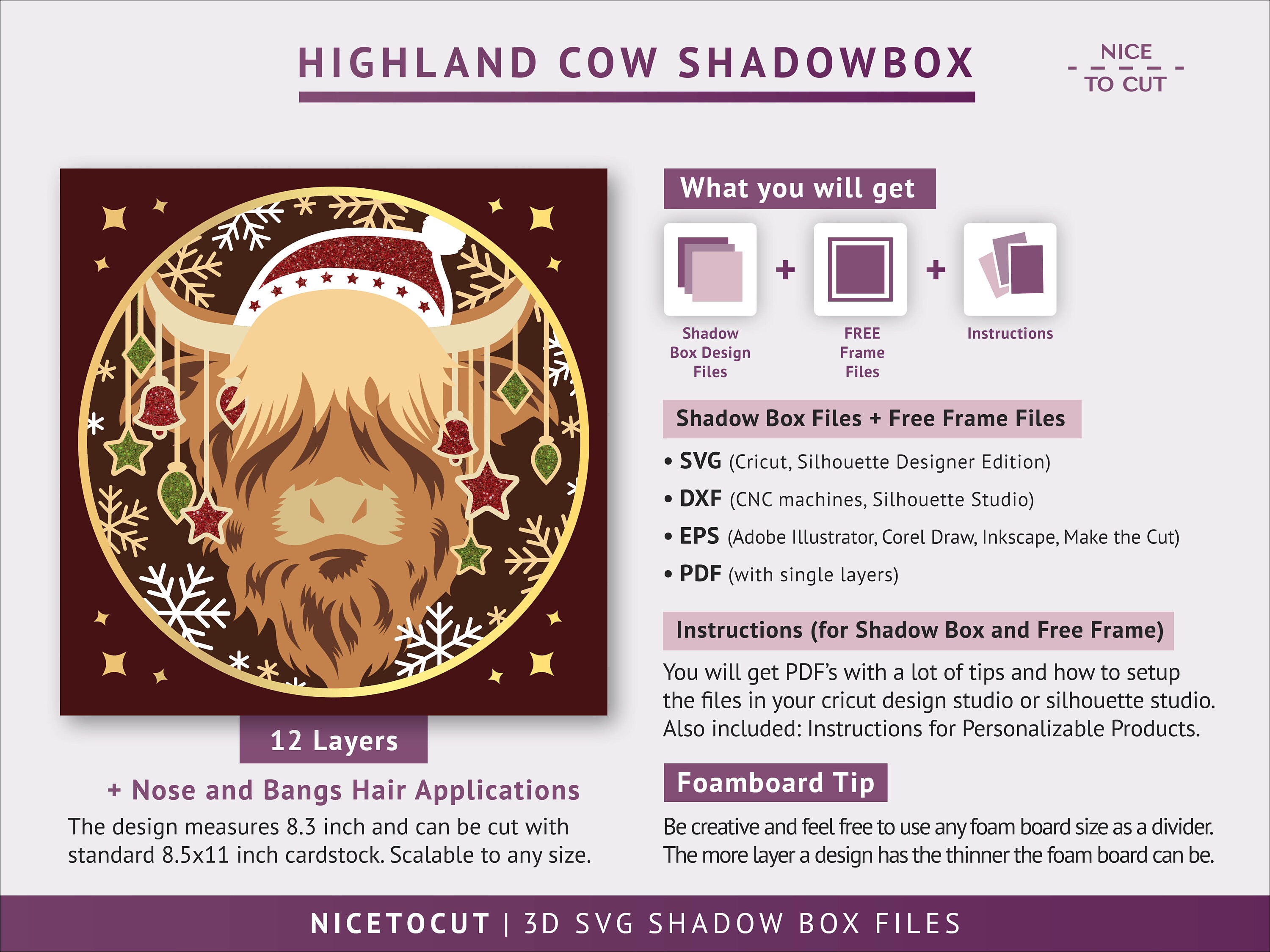 3D Highland Cow Shadow Box, Christmas Shadow Box SVG, Christmas Layered ...