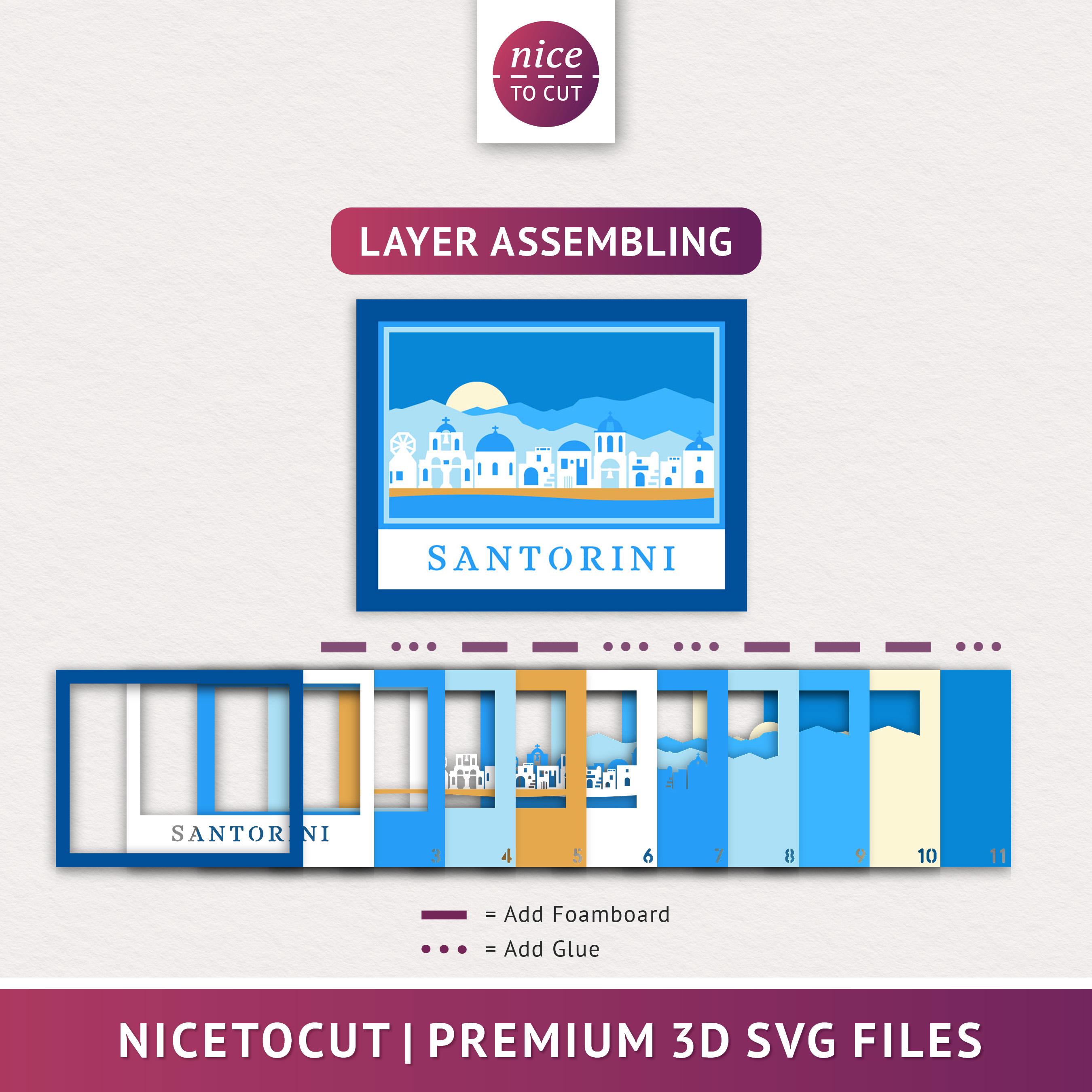 3D Santorini Skyline Shadow Box, 8x10 Greece Santorini City Night SVG ...
